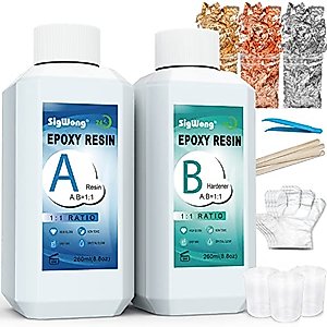 Epoxy Resin Clear Crystal Coating Kit 17.6oz - 2 Part Casting Resin for Art, Craft, Jewelry Making, River Tables, Bonus Gloves, Measuring Cup, Wooden Sticks, Gold Foil Flakes and Tweezers