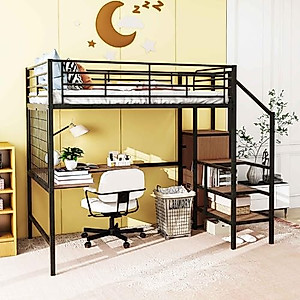ATY Full Size Loft Bed with L-Shaped Desk and Wardrobe &Storage Shelves, Stairway Metal Bedframe w/Grid, Save Space Design, for Bedroom, Dorm, No Spring Need Required, Black