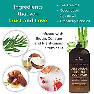 ALL Natural Body Wash - Fights Body Odor, Athlete’s Foot, Jock Itch, Nail Issues, Dandruff, Acne, Eczema, Shower Gel for Women & Men, Skin Cleanser -16 fl oz (Tea Tree, Biotin, Collagen & Stem cells)