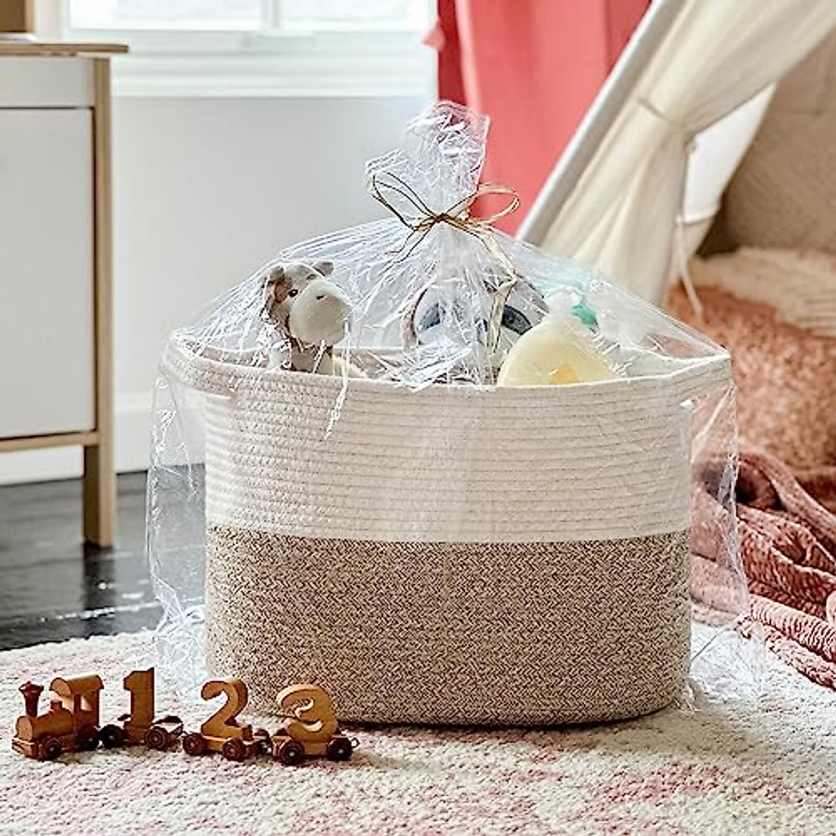 Goodpick Woven Storage Basket for Shelves, Cotton Rope Dog Toy Bin, Empty Gift Basket with Handles, Square Baskets for Storage Shelves, Brown and White Storage Bin, 13.5 x 11 x 9.5 Inches