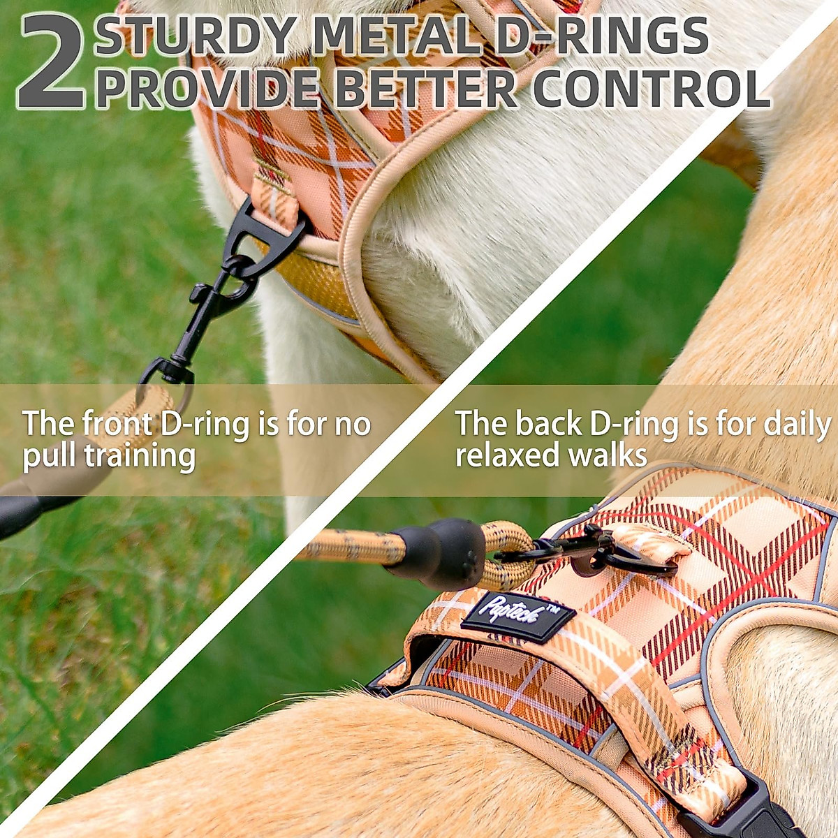 PUPTECK No Pull Dog Harness and Leash Set with Handle Reflective Adjustable Padded Vest Escape Proof for Small Medium Large Dogs Walking Training Hiking, Plaid Beige L