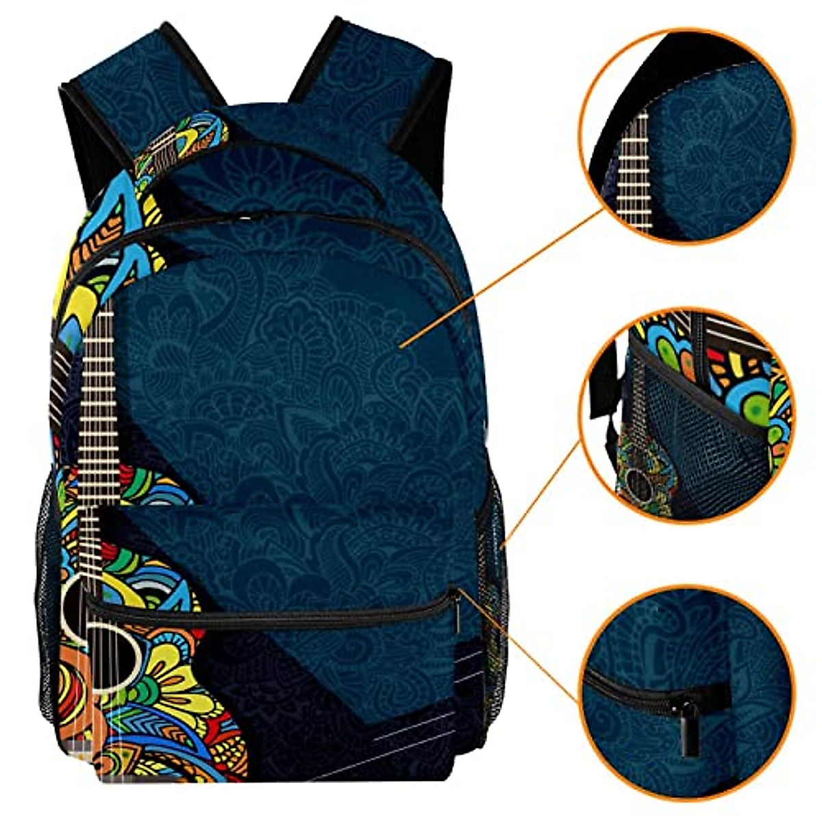 Daypack Bookbags Travel Bag for Boys Girls Casual Backpack, guitar abstract floral pattern