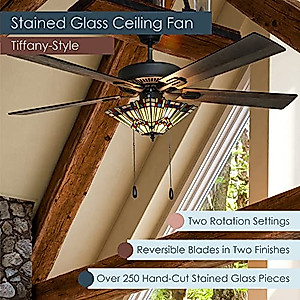 RIVER OF GOODS Craftsman LED Ceiling Fan - 52" L x 52" W - Tiffany-Style Stained Glass Ceiling Fan with Lights