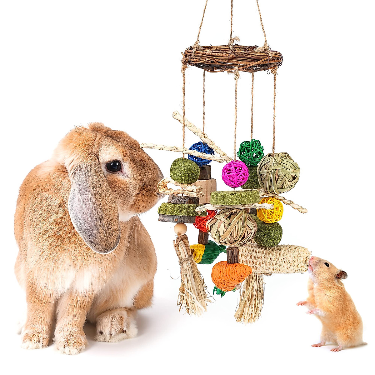 YDFAZXY Rabbit Chew Toys for teeth, Bunny Cage Hanging Chew Toys and Treats for rabbits, Rattan Ring with Snacks for Guinea Pigs Hamsters Chinchillas Rats Gerbils and Other Small Pets Teeth Grinding