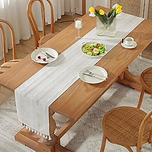 AUAUY Table Runner with Handmade Tassels, Boho Style Beige Weave Stripes Polyester Fabric Table Runner, Macrame Table Decoration for Holiday Party Dining Wedding and Everyday Use(13*70.87in)