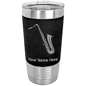 LaserGram 20oz Vacuum Insulated Tumbler Mug, Saxophone, Personalized Engraving Included (Faux Leather, Black)