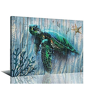 Arjun Bathroom Decor Teal Canvas Green Sea Turtle Wall Art Prints Submarine Picture One Panel 16"x12" Blue Sea-Plant Modern Landscape Painting Framed for Living Room Bedroom Home Office Spa Wall Decor