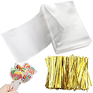 Augshy Cake Pop Bags, 300 Pcs 4x6 Treat Cello Bags for lollipop with 300 Twist Ties, 1.4 mils Thickness OPP Plastic Bags for Lollipop Candy Chocolate Cookie Wrapping