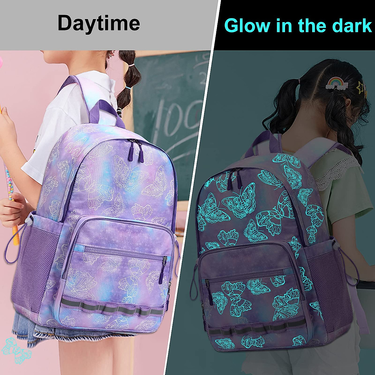 CAMTOP Backpack for Girls Luminous Water Resistant Lightweight School BookBag Casual Daypack for School Travel Hiking (Purple Butterfly)