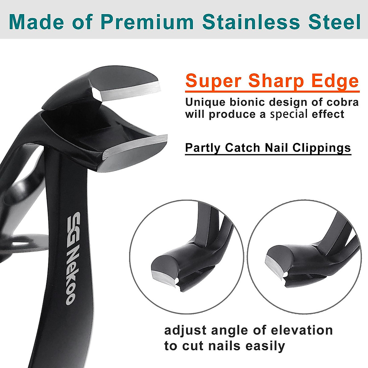 SG Nekoo Toe Nail Clippers for Thick Nails for Seniors, Angled Head Ultra Sharp Wide Jaw Opening Fingernail Clipper, Nail Trimmer with Catcher for Men Women