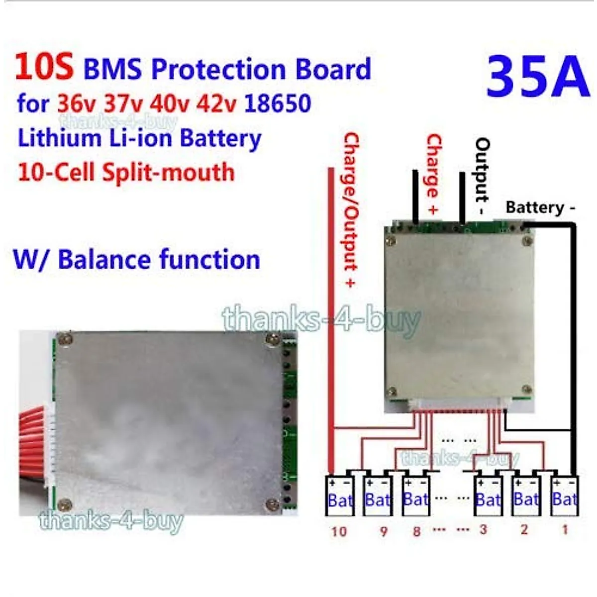 36V BMS Protection Board, 35A 10S Li-ion Battery BMS Protection Board PCB for Ternary Cobalt Cells with Balancing, Manganese Acid Batteries and Cobalt Acid Batteries