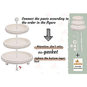 SwallowLiving Farmhouse 3 Tier Tray, White Three Tiered Tray Wood Stand with Shabby Chic Beaded for Home & Kitchen or Coffee Bar Decorations, 12.4 x 12.4 x 16.5 inchs