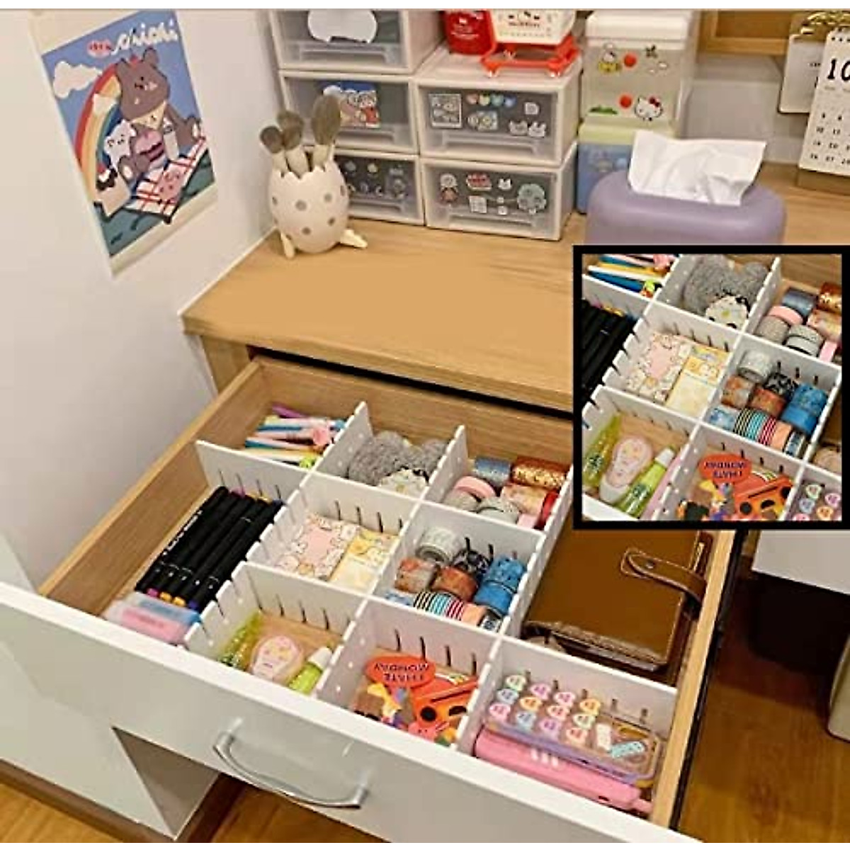 Kitchen Storage Set with 8pcs Deep Drawer Dividers (42cm x 9cm) and 1pc White Silicone Sponge Holder. A Clean Kitchen Gives a Good Mood by HGZYE