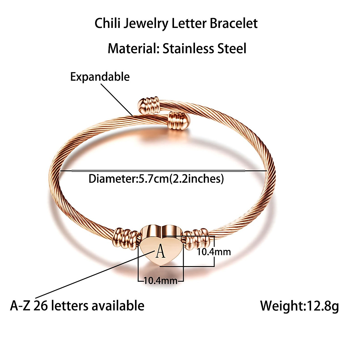 Chili Jewelry Women Initial C Letter Cuff Rose Gold Bracelet Expandable Stainless Steel Bangle