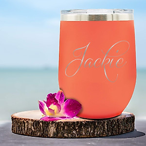 The Wedding Party Store Personalized 12 oz Insulated Stemless Wine Tumbler - Custom Engraved and Monogrammed (Coral)