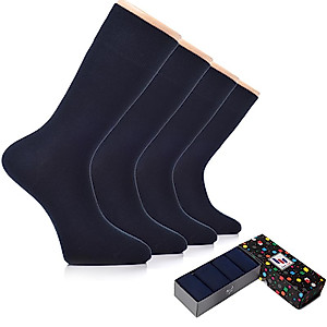 Hugh Ugoli Men's Bamboo Dress Socks for Business & Trouser, Thin & Seamless Crew Socks, 4 Pairs with Gift Box, Navy Blue, Shoe Size: 8-12