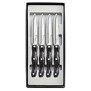 CUTCO #2065 set of 4 Model 2159 Steak Knives with Classic Dark Brown handles (often called "Black")..............each in a factory-sealed plastic bag inside attractive black CUTCO gift box..............Double-D® serrated 440A High-Carbon, Stainless Steel