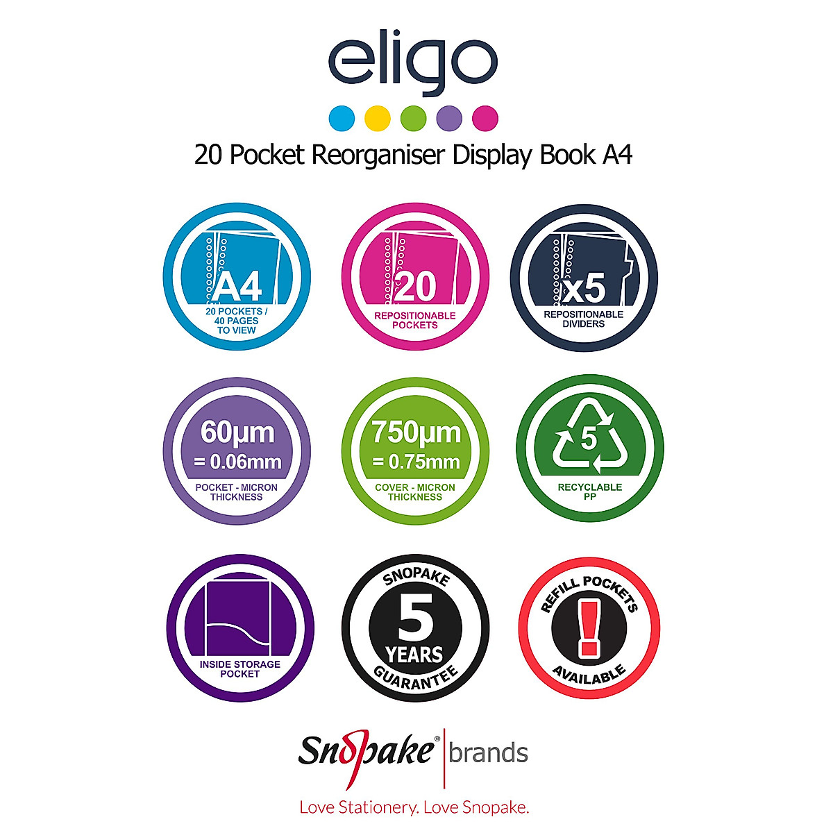 Snopake Eligo A4 ReOrganiser Display Book with Dividers & Index Tabs [Pack of 2] 20 Pockets/40 Sides to View Ref: 15863,Black