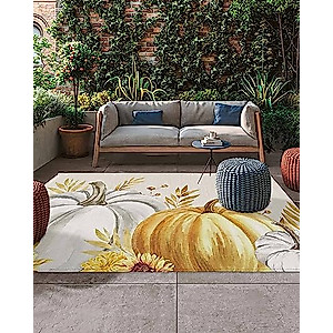 Fall Thanksgiving Outdoor Rug for Patio/Deck/Porch, Non-Slip Area Rug 6x9 Ft, Grey Orange Pumpkin Sunflower Botanical Rustic Indoor Outdoor Rugs Washable Area Rugs, Reversible Camping Rug Carpet