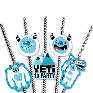 Big Dot of Happiness Yeti to Party - Paper Straw Decor - Abominable Snowman Party or Birthday Party Striped Decorative Straws - Set of 24