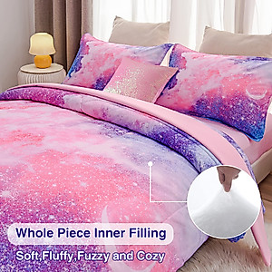 A Nice Night Galaxy Bedding Sets Outer Space Comforter 3D Printed Space Quilt Set Full 6Pcs Glitter Pink,for Children Boy Girl Teen Kids