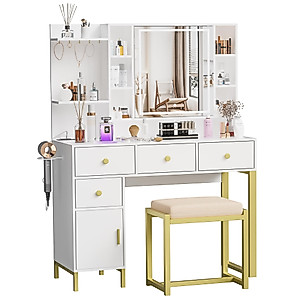 PAKASEPT Makeup Vanity with Lights,White Vanity Desk with Openable Mirror & 3-Color Dimmable, Charging Station, Makeup Desk with Drawer, Hooks, Hidden and Open Storage Shelves, Stool Set