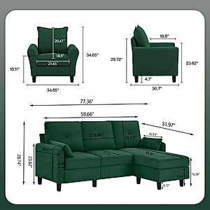 Tornama Sectional Sofa Set 77" Convertible Sofa and Accent Chair Small 3 Seat L Shaped Couch with Reversible Ottoman and Side Pockets, Modern Linen Sofa Couch for Living Room, Office, Apartment, Green