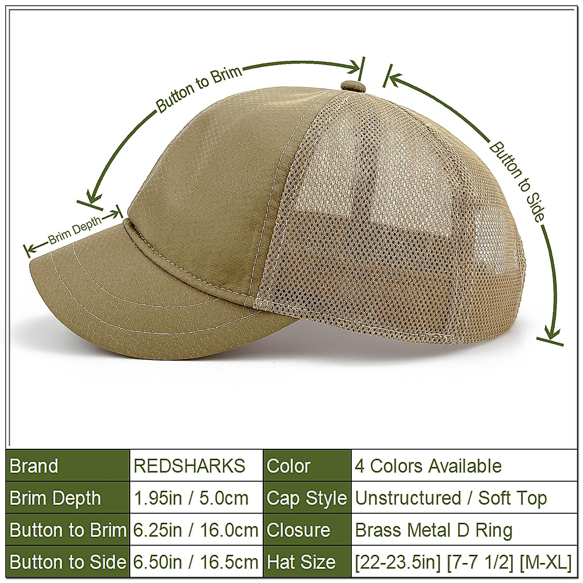 REDSHARKS mens Short Bill Quick Dry Brim Mesh Back Trucker Baseball Dad Cap, Khaki, 7