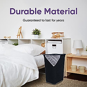 Plastic Laundry Hamper with Lid, Knit Designed Laundry Hamper Basket, 50 Liter White Smoke Cloths Hamper Organizer with Cut-out Handles. Space Saving for Laundry Room Bedroom Bathroom.