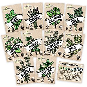 10-Pack Culinary Herb Seeds, Non GMO Herb Garden Seeds with Parsley Seeds, Basil Seeds, Sage Seeds, Chives Seeds, Cilantro Seeds, Rosemary, Thyme, Dill, Summer Savory & Oregano Seeds for Planting