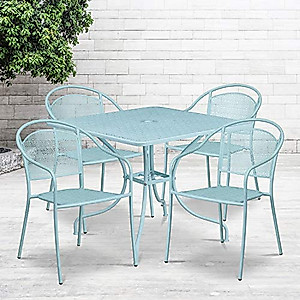 Flash Furniture Commercial Grade 35.5" Square Sky Blue Indoor-Outdoor Steel Patio Table Set with 4 Round Back Chairs