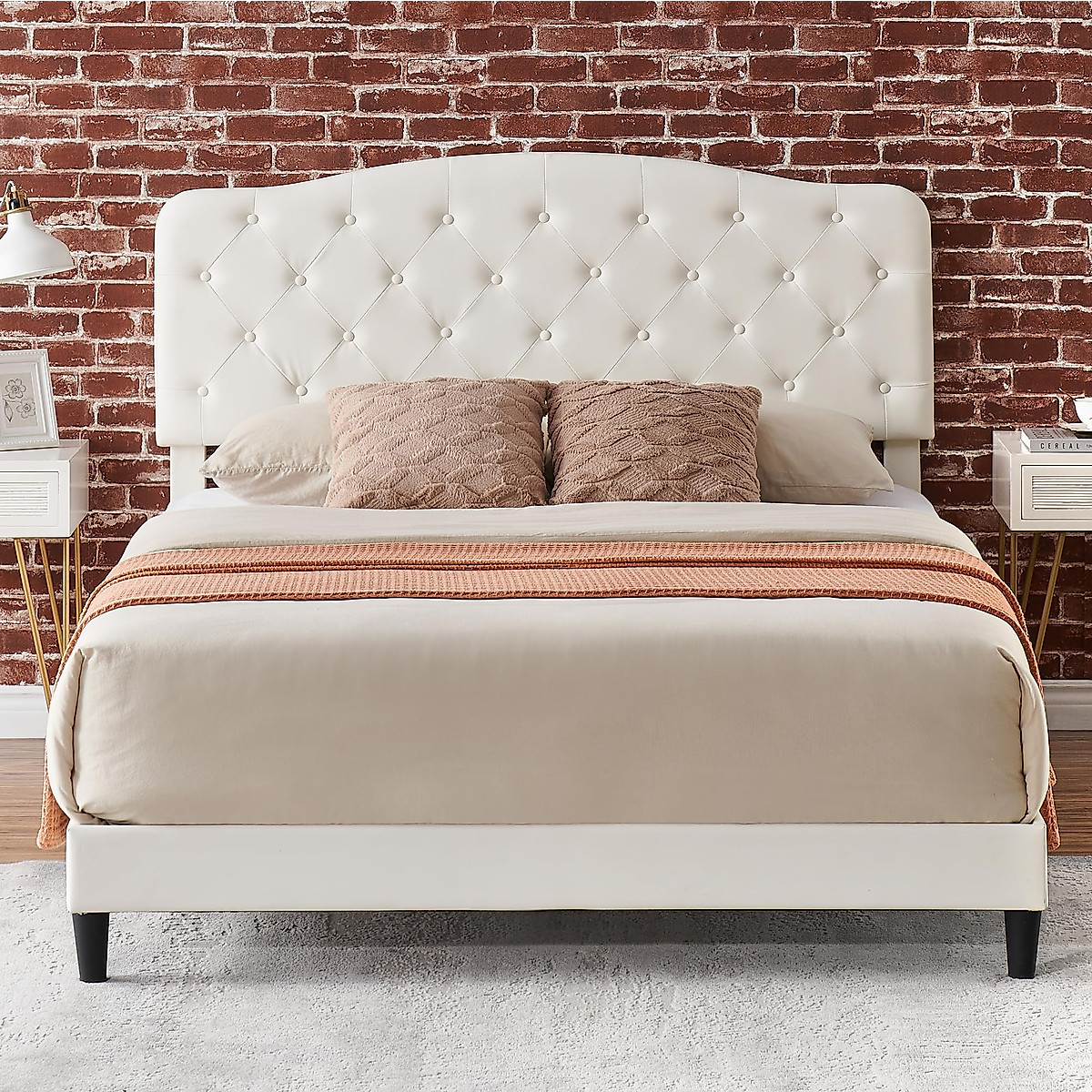 IDEALHOUSE Queen Bed Frame with Headboard Adjustable, Leather Platform Bed Upholstered Queen Size, Button Tufted Mattress Foundation, Wooden Slat Support, No Box Spring Needed, White