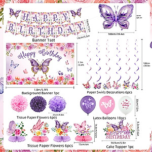 Roetyce Butterfly Birthday Decorations, 37PCS Butterfly Happy Birthday Banner Balloons Honeycomb Centerpieces Cake Topper Kit, Purple and Pink Birthday Party Decorations for Girls Women