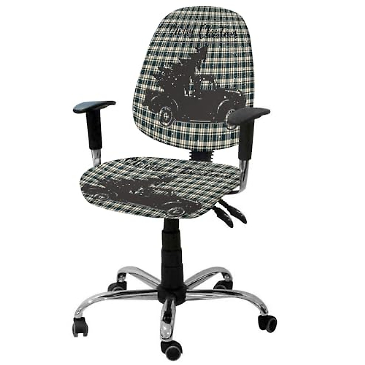 Christmas Truck Office Chair Cover Stretchable Computer Chair Seat Cover Backrest Slipcovers, Stretchable Rotating Desk Chair Seat Cushion Split Protectors Xmas Tree Snowflake Blackish Green Plaid