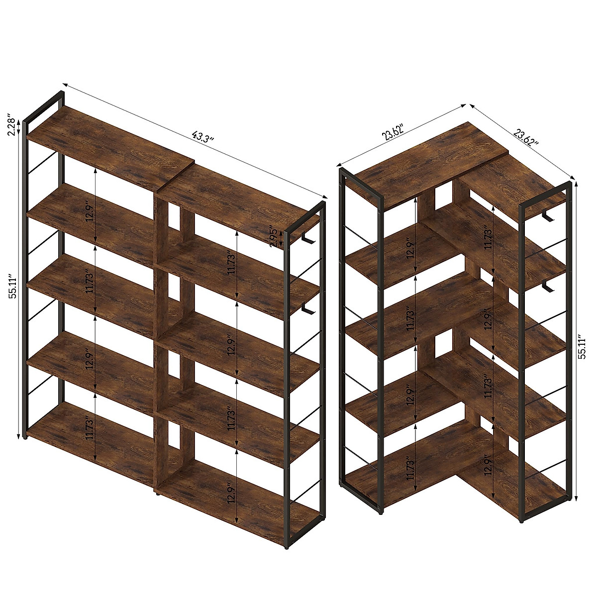 RKVPCNE 5 Tier L Shaped Bookshelf Wood Bookcase with 2 Hooks Modern Corner Bookshelf Library Industrial Shelving Book Case Adjustable Book Shelves for Bedroom Living Room Home Office Rustic Brown