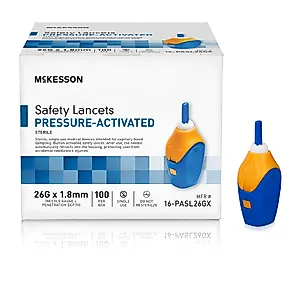 McKesson Safety Lancet, Retractable, Pressure-Activated Finger Device, Sterile - Ideal for Blood Testing - Single Use, 26 Gauge, 1.8mm Depth, 100 Count, 1 Pack