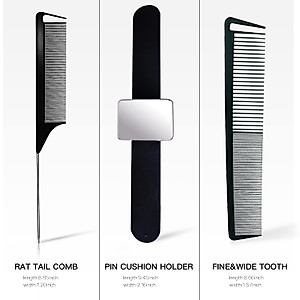 9 Pcs Hair Parting Comb Rat Tail Comb Set- 2 Pieces Braiding Comb Styling Comb 1 Fine and Wide Tooth Comb and Magnetic Wrist Sewing Pincushion Pin Cushion Holder with 5 Alligator Hair Clip (Black)