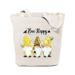 GXVUIS Bee Happy Canvas Tote Bag for Women Cute Gnomes Reusable Travel Grocery Shoulder Shopping Bags Girls Funny Gifts White