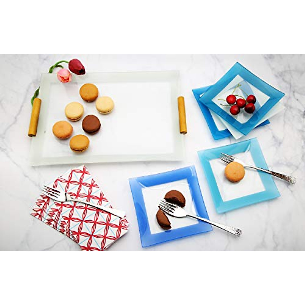 GAC Unique Design White-Grey Rectangular Tempered Glass Serving Tray with Wooden Handles – 10x14 Inch – Break Resistant – Dishwasher Safe - Attractive Colored Serving Platter