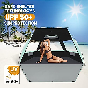 SEBOR Beach Tent, Deluxe XL Pop-up Beach Tent for 4-6 Person, UPF 50+ with Dark Shelter Technology, Easy Set Up and Portable Beach Tent Sun Shelter (Mint Green)
