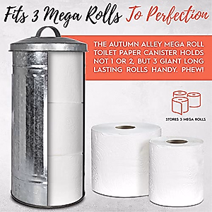 Autumn Alley Farmhouse Galvanized Metal Free Standing Toilet Paper Holder Organizer Stand Canister with Lid – Fits 3 Mega Rolls, Rustic Behind/Beside Toilet Storage Stand