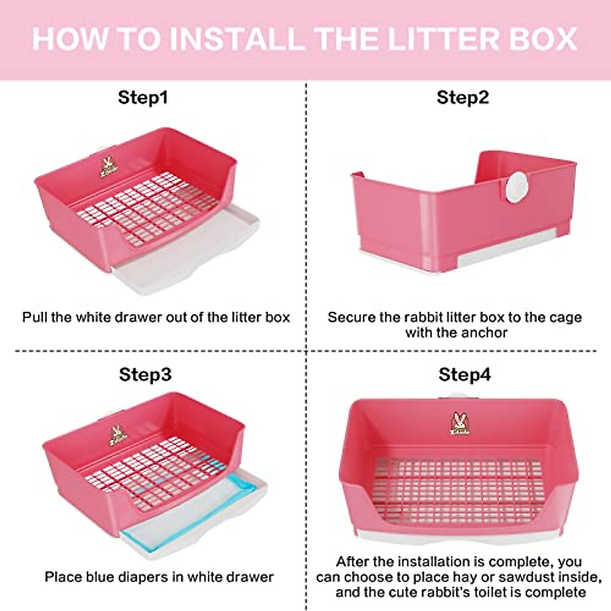 Zdada Rabbit Litter Box Large - Trainer Corner Litter Box for Bunny Ferret Chinchilla and Guinea Pig, Small Animal Litter Box(Pink 15.7" 11.4" 6.2")