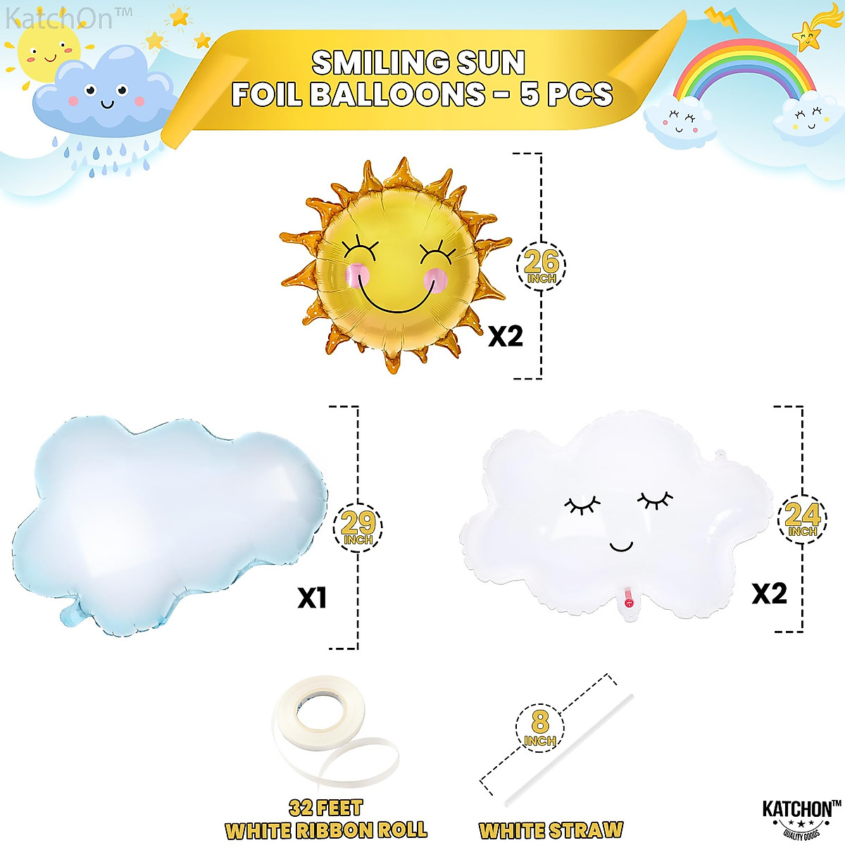 KatchOn, Big Sun and Cloud Balloons Set - 29 Inch, Pack of 5 | Foil Sun Balloons, Sunshine Party Decorations | Sunshine Baby Shower Decorations | Boho Sunshine Balloons for Summer Party Decorations