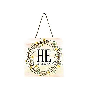Farmhouse Easter Hanging Wood Wall Mini Sign (He is Risen Wreath)