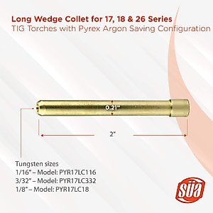 SÜA® - Long Wedge Collet for 17, 18 & 26 Series TIG Torches with Fused Quartz Argon-Saving Configuration - Size: 1/8'' - (10-PACK)