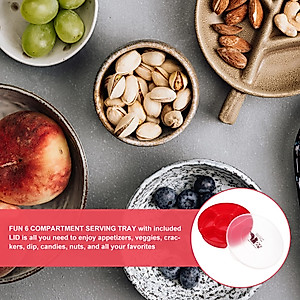 DOITOOL Candy and Nut Serving Container Divided Food Tray Snacks Plate Plastic Snack Serving Tray with Lid 6 Compartment Round Appetizer Food Organizer Red