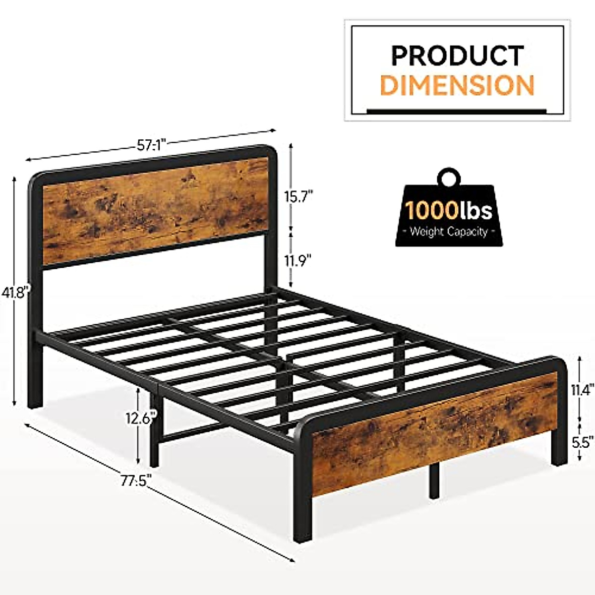 Alkmaar Full Bed Frame with Headboard, Platform Bed Frame with Safe Rounded Corners & Strong Metal Slats Support, Mattress Foundation, Noise-Free, No Box Spring Needed