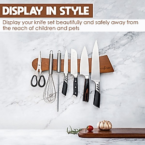 Magnetic knife holder for wall no drill - 16" Wooden knife magnetic strip no drilling option w/adhesive backing & drilling hardware | Magnetic knife strip | kitchen knife organizer rack -Light Brown
