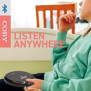 Coby Bluetooth Portable CD Player w/Headphones, FM, AUX, MP3 Anti-Skip Compact Discman | Rechargeable & Lightweight CD Player 6-HR Play for Car, Home