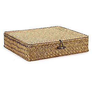BTSKY 1 Pack Large Wicker Basket With Lid Flat Woven Storage Bins for Shelf Organizing Natural Seagrass Storage Baskets with Lids Home Utility Organizer Box for Home & Office Supplies, Caramel